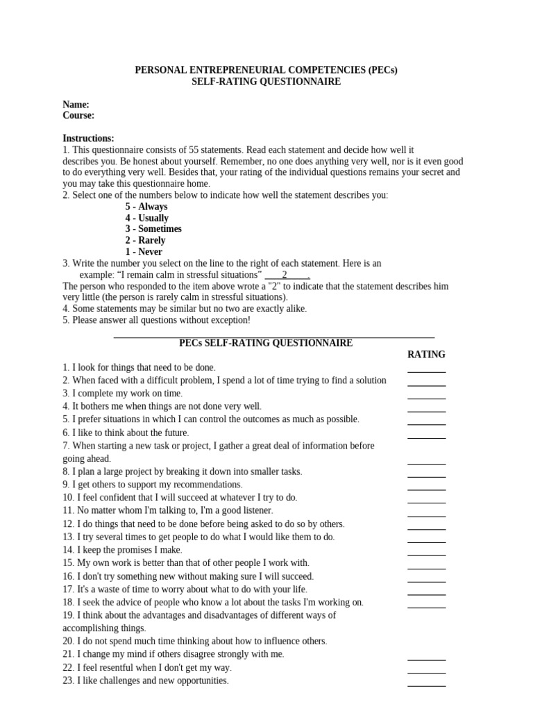 Personal Entrepreneurial Competencies | PDF | Questionnaire | Cognition