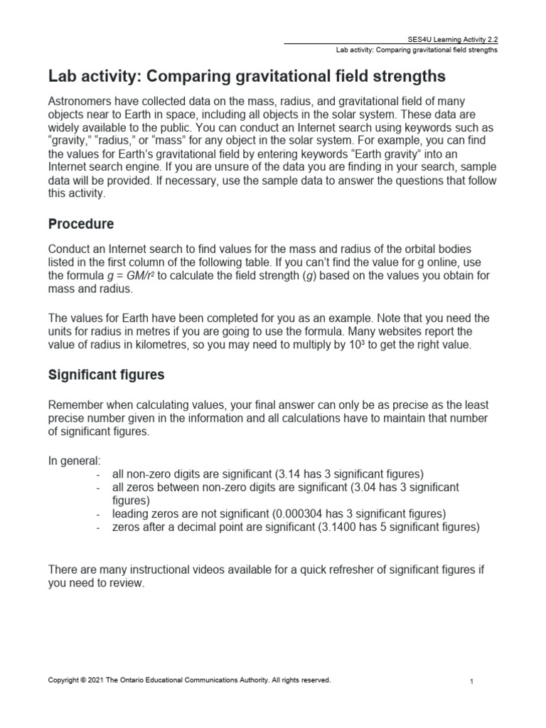 Gravitational Field Strengths Lab Activity | PDF | Mass | Gravity