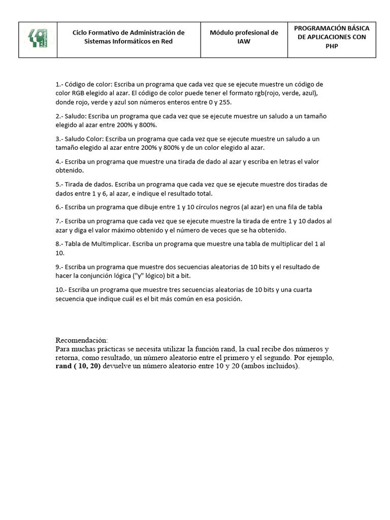 Relación 1 Ejercicios PHP | PDF