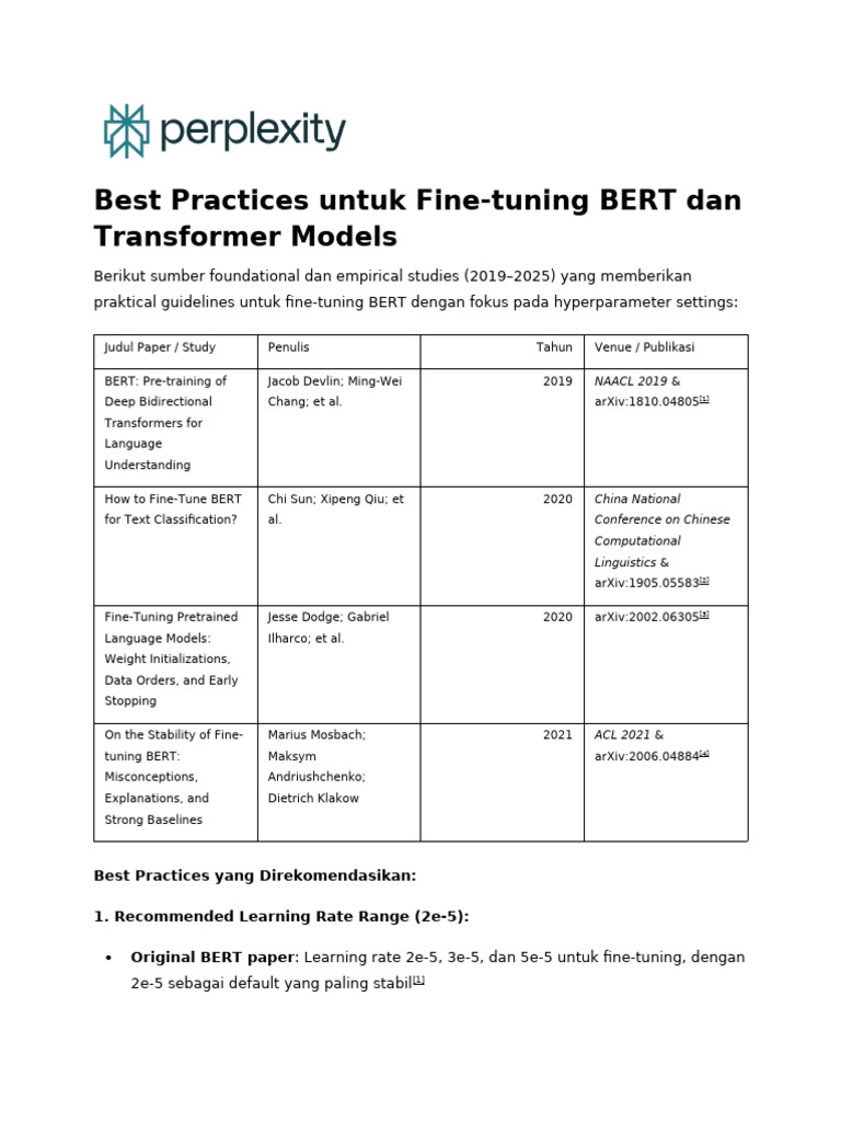 Best Practices Untuk Fine-Tuning BERT Dan Transfor | PDF