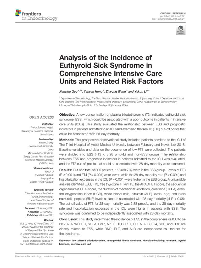 Euthyroid Sick Syndrome in ICUs: Analysis | PDF | Blood Pressure ...