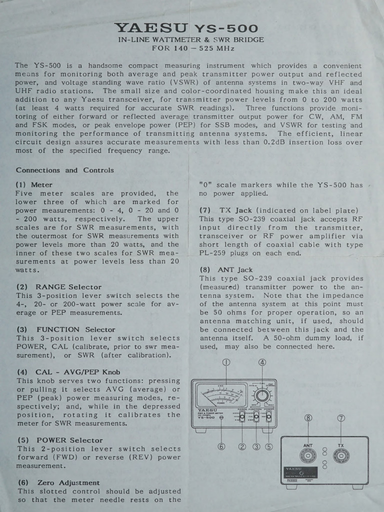 Yaesu YS-500 SWR meter | PDF | Telecommunications Engineering | Electrical Engineering