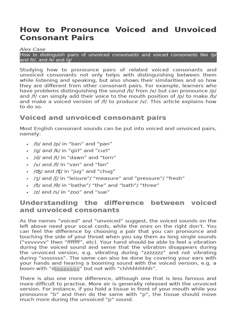 How To Pronounce Voiced and Unvoiced Consonant Pairs | PDF | Human Voice | Learning