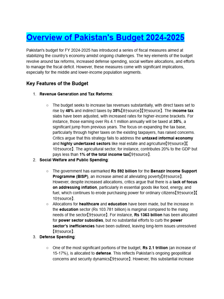 Pakistan Budget 2024-2025 Overview | PDF | Cost Of Living | Taxes