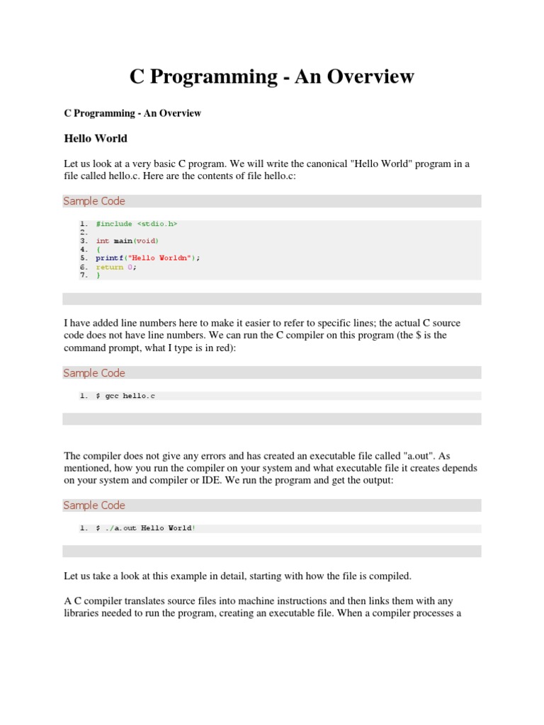 C Programming An Overview Hello World Pdf Subroutine C Programming Language
