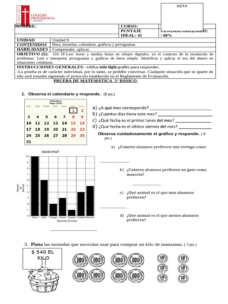 Prueba de Matemática 2° Básico: Hora y Dinero | PDF