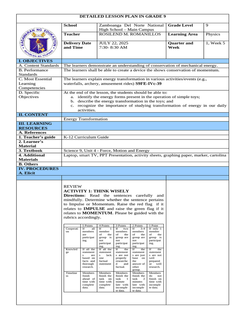 Grade 9 Physics Lesson Plan: Energy Transformation | PDF | Lesson Plan ...