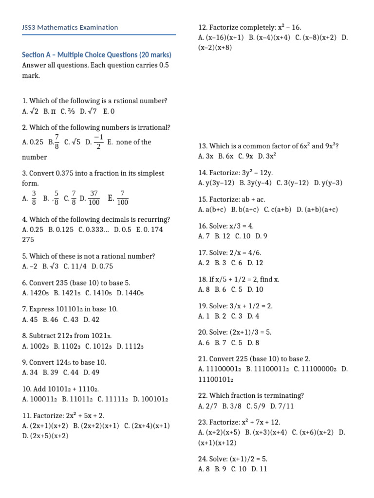 JSS3 Mathematics Exam Questions | PDF | Decimal | Numbers