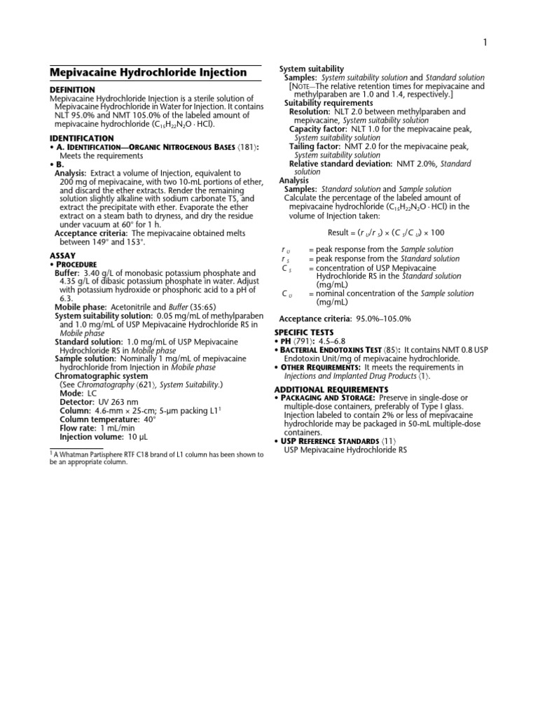Mepivacaine Hydrochloride Injection Guide | PDF | Chromatography ...