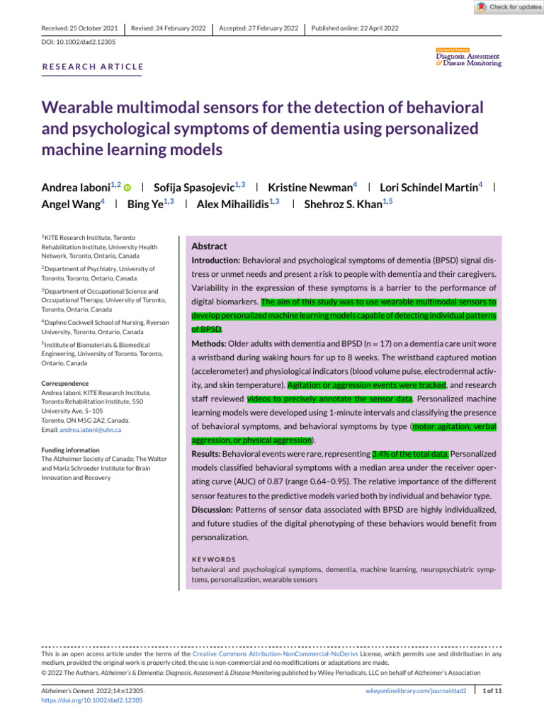 Wearable Sensors for Dementia Symptoms Detection | PDF | Dementia ...