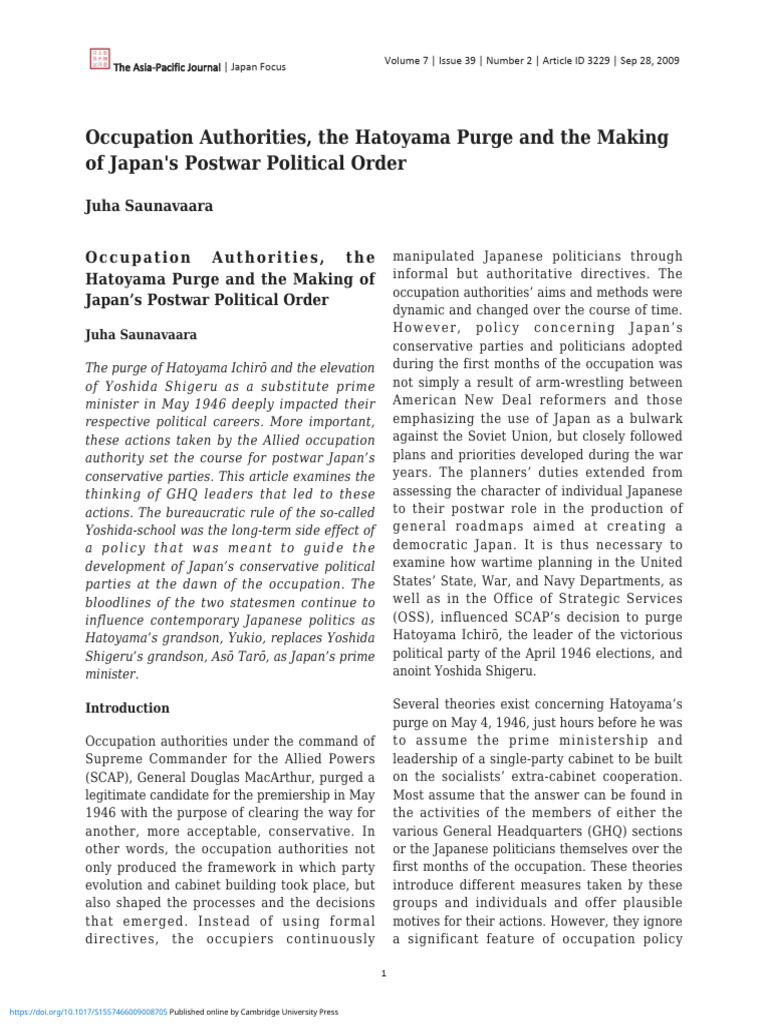 Occupation Authorities The Hatoyama Purge and The Making of Japans ...