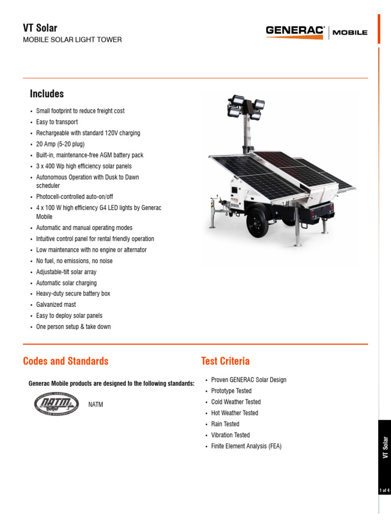Mobile Solar Light Tower Specifications | PDF | Trailer (Vehicle ...