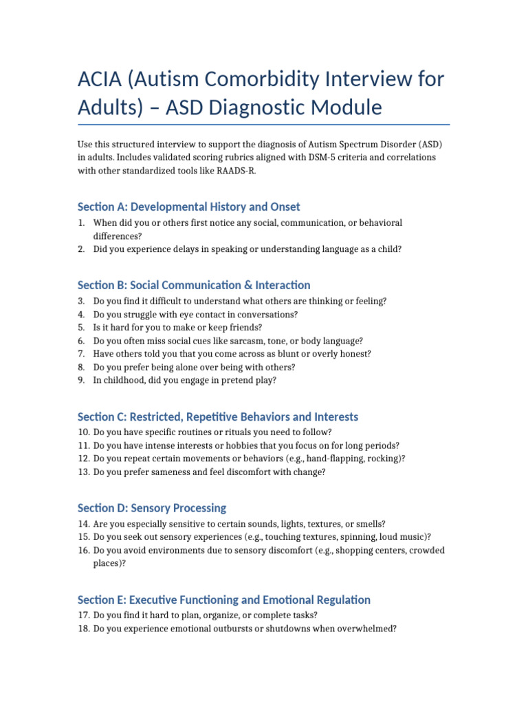 ACIA ASD Diagnostic Module | PDF | Autism | Attention Deficit Hyperactivity Disorder