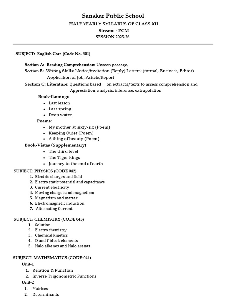 Class XII Half Yearly Syllabus 2025-26 | PDF | Asana | Electricity