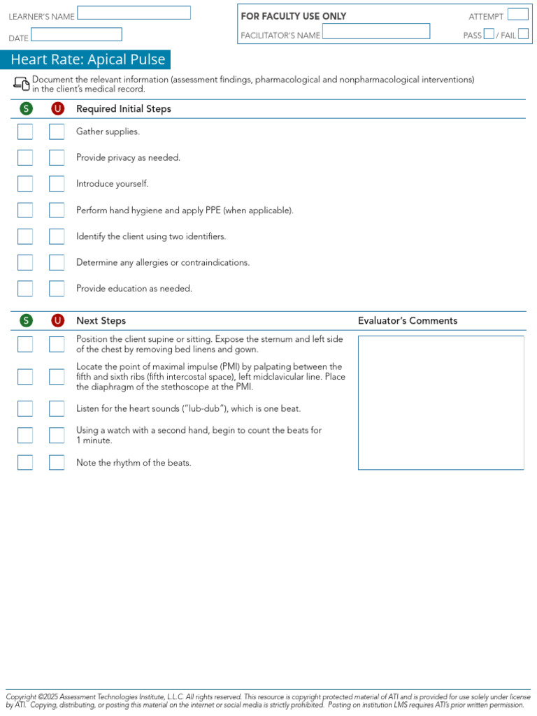 Checklist Heart Rate Apical Pulse | PDF
