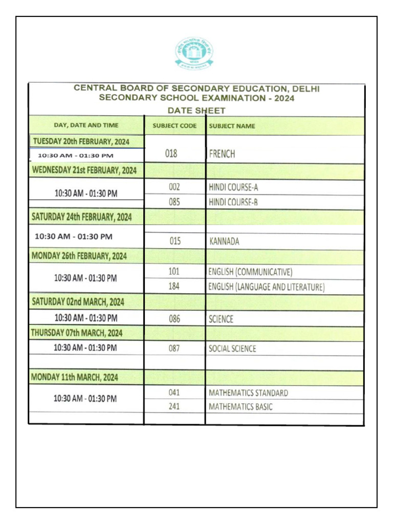 Grade X Board Exam Time-Table | PDF