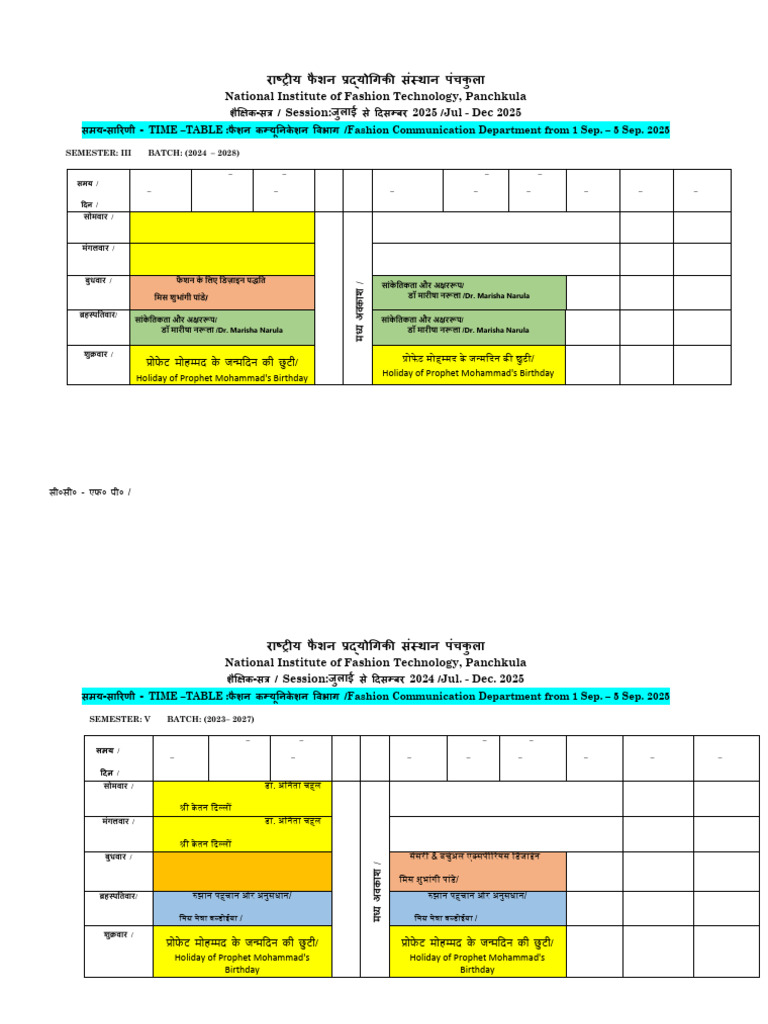 FC - Time Table (5th Week 01 Sep. - 5 Sep. 2025) (2) | PDF