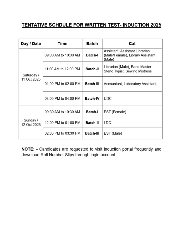Tentative Schdule For Written Test | PDF