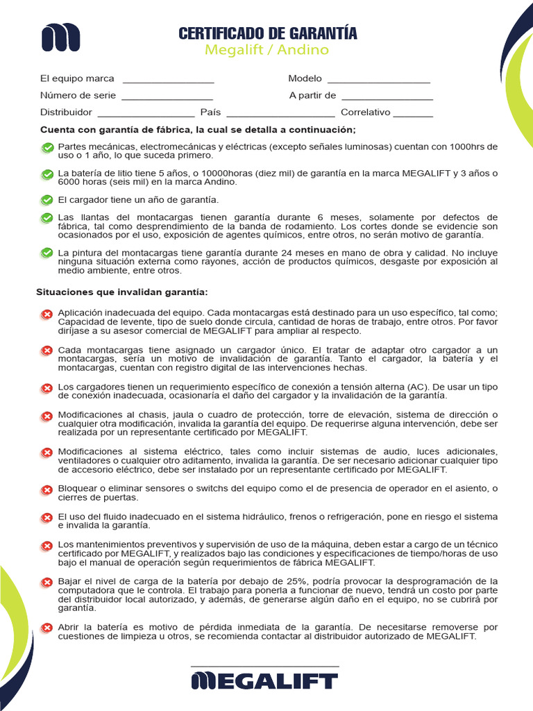 GARANTÍA MEGALIFT 2025 - para Cambiar Por 1000 Horas | PDF