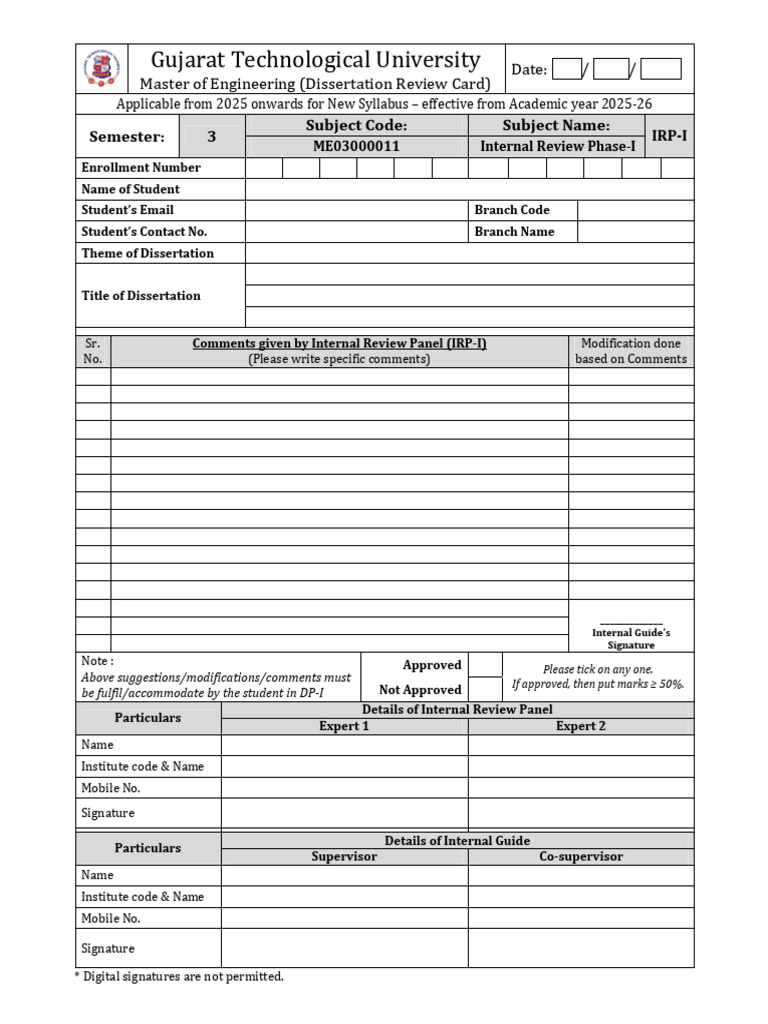 ME Dissertation Review Card For New Course (Effective From 2025-26 ...