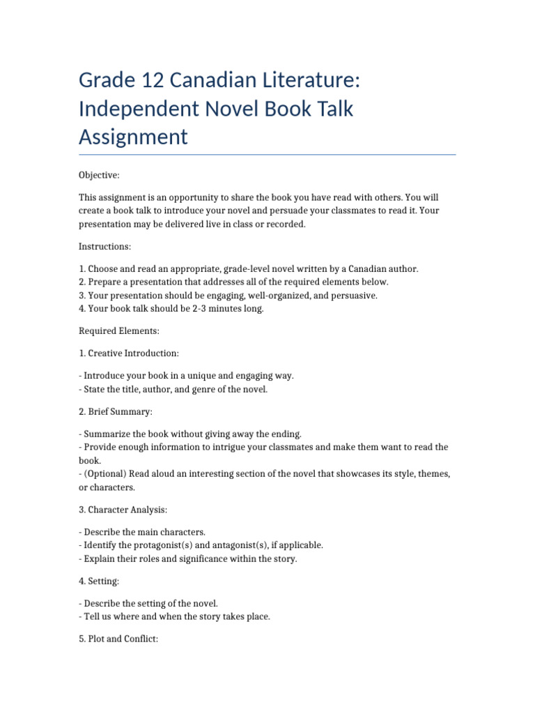 Canlit Book Talk Assignment | PDF | Argument | Novels