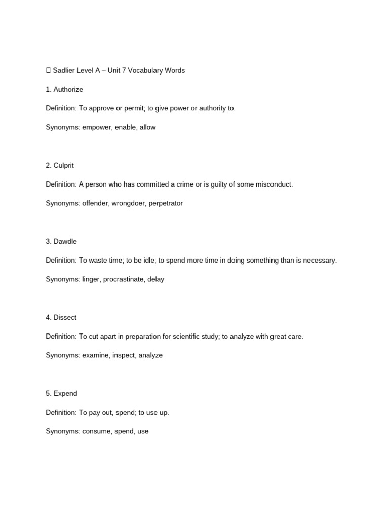 ? Sadlier Level A - Unit 7 Vocabulary Words | PDF