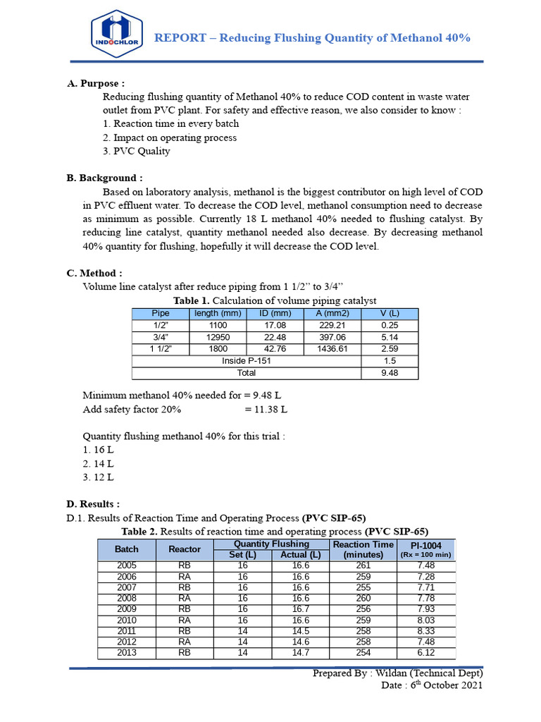 Report Reducing Flushing Quantity of Methanol 40% | PDF | Chemical ...