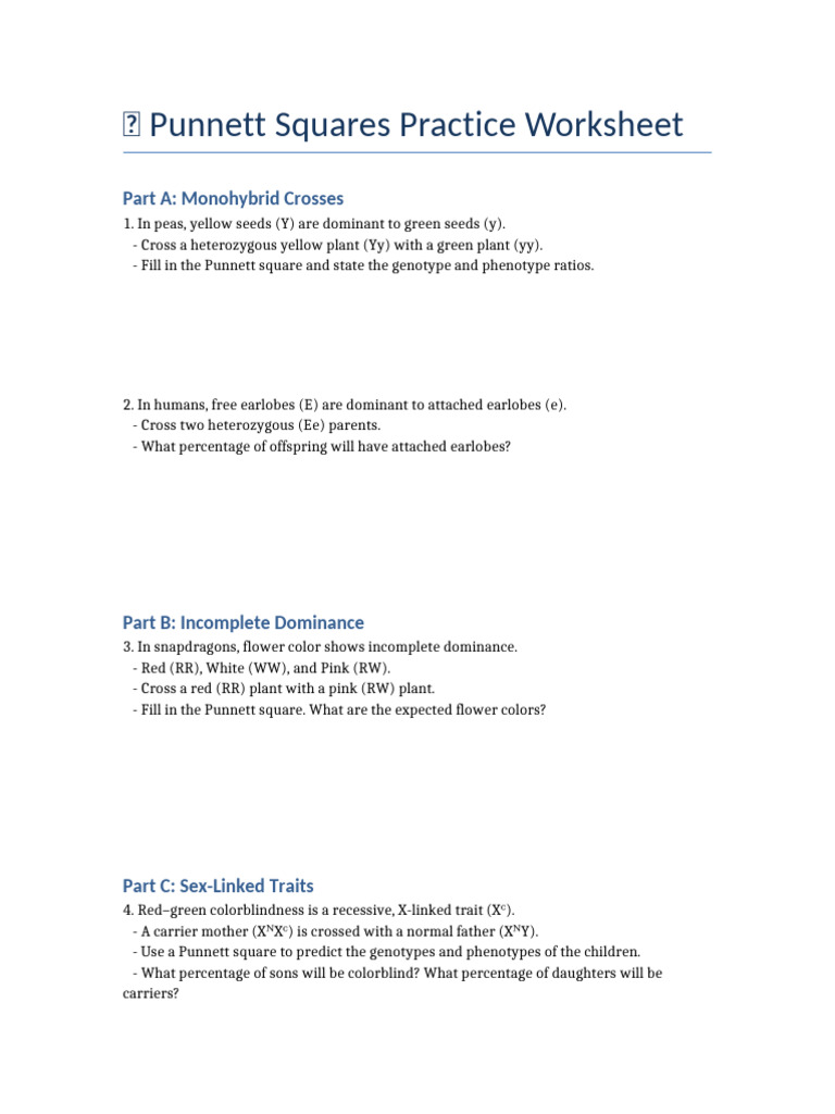 Punnett Squares Practice Worksheet | PDF