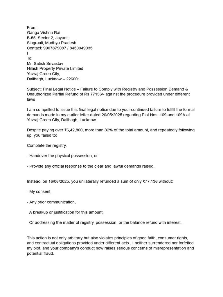 Final Legal Notice for Property Dispute | PDF