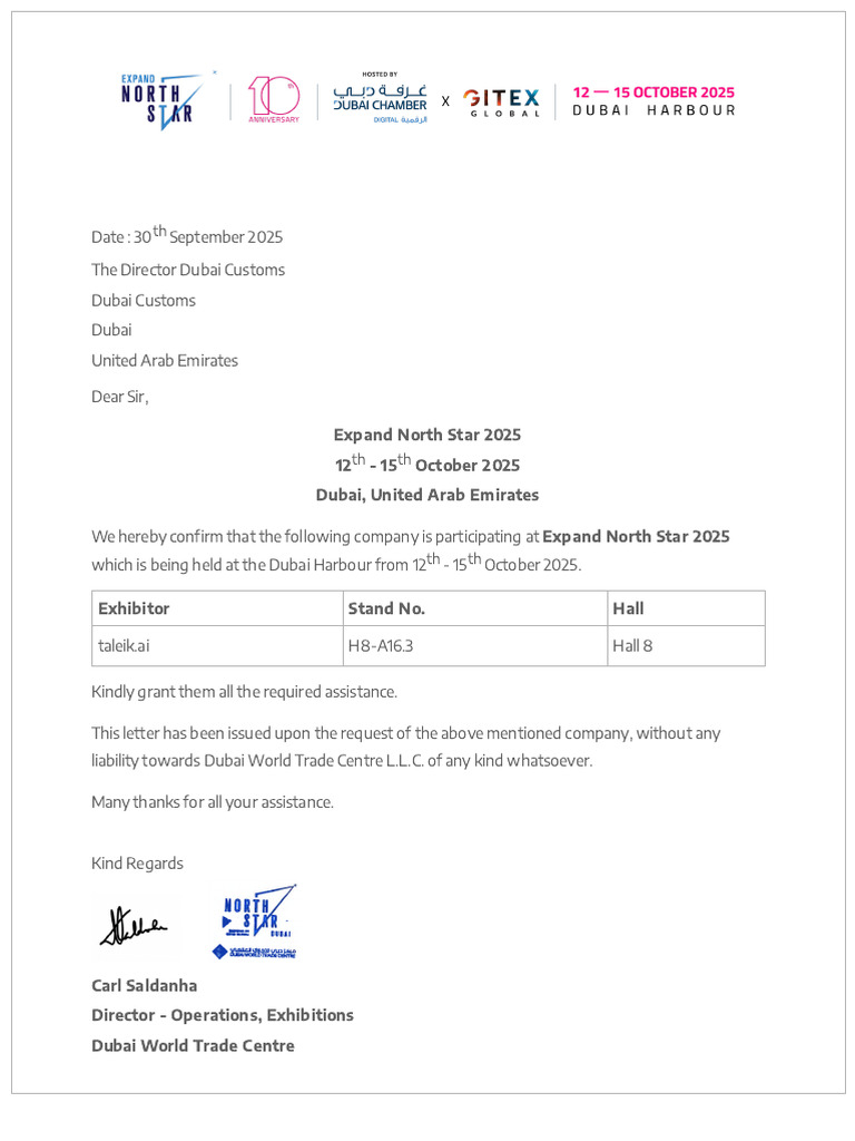 Expand North Star 2025 Dubai Customs Clearance Letter | PDF