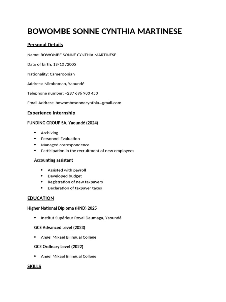 Cameroonian CV of Cynthia Martinese | PDF