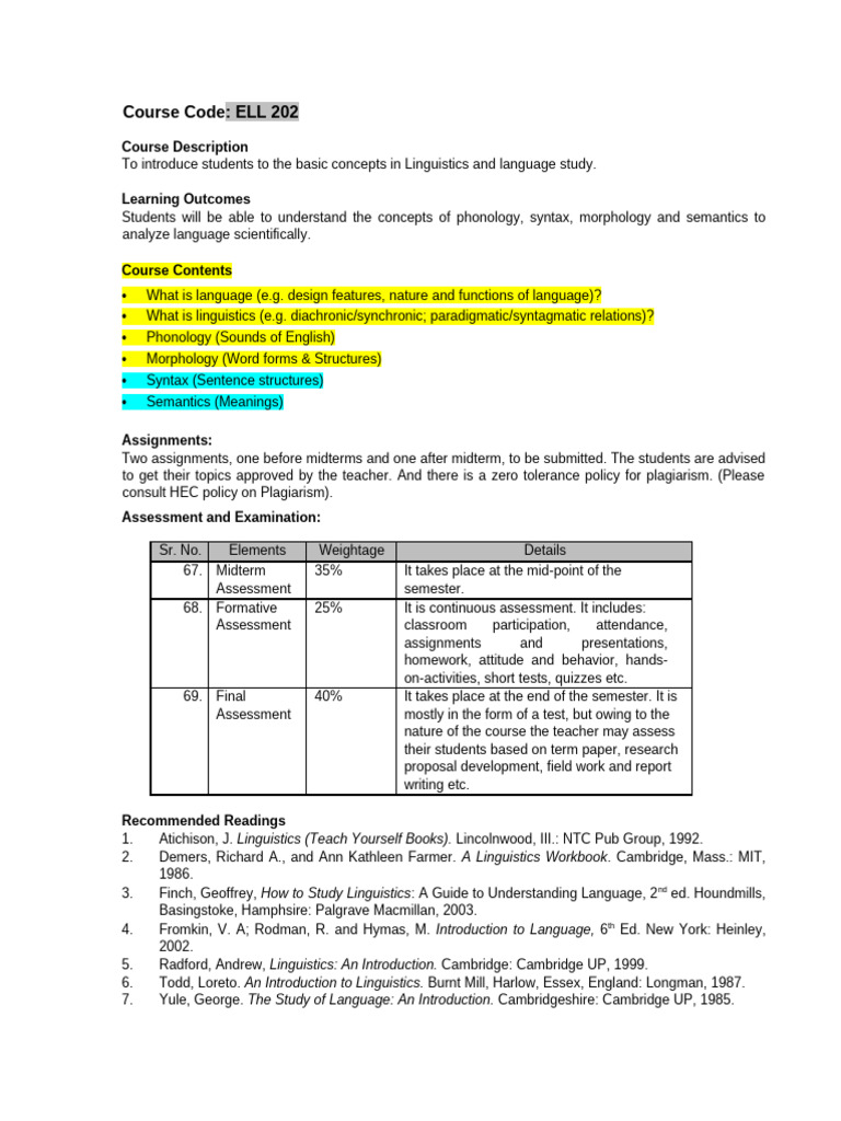 Introduction to Linguistics Course ELL 202 | PDF | Linguistics ...