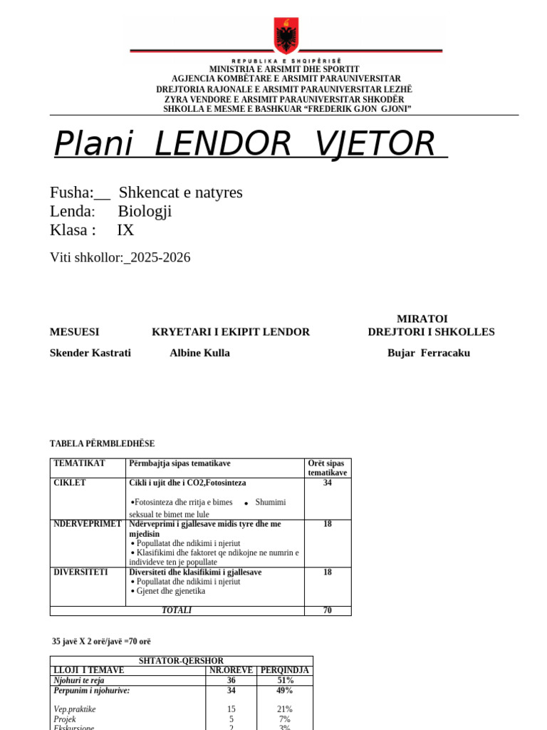 Plani Mesimor Biologji 9 2025 - 2026 | PDF