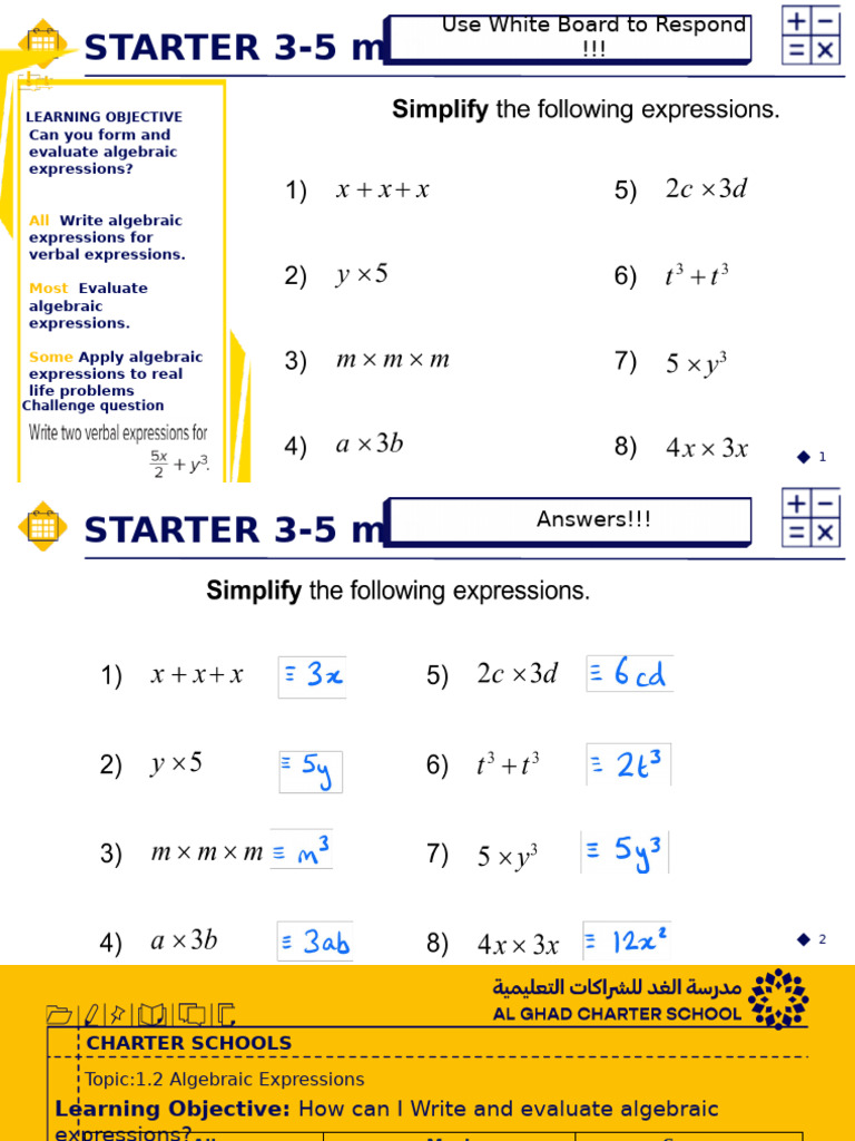 STARTER 3-5 Min: Can You Form and Evaluate Algebraic Expressions? | PDF ...