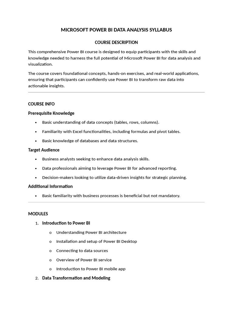 Microsoft Power Bi Data Analysis Syllabus | PDF | Data | Data Analysis