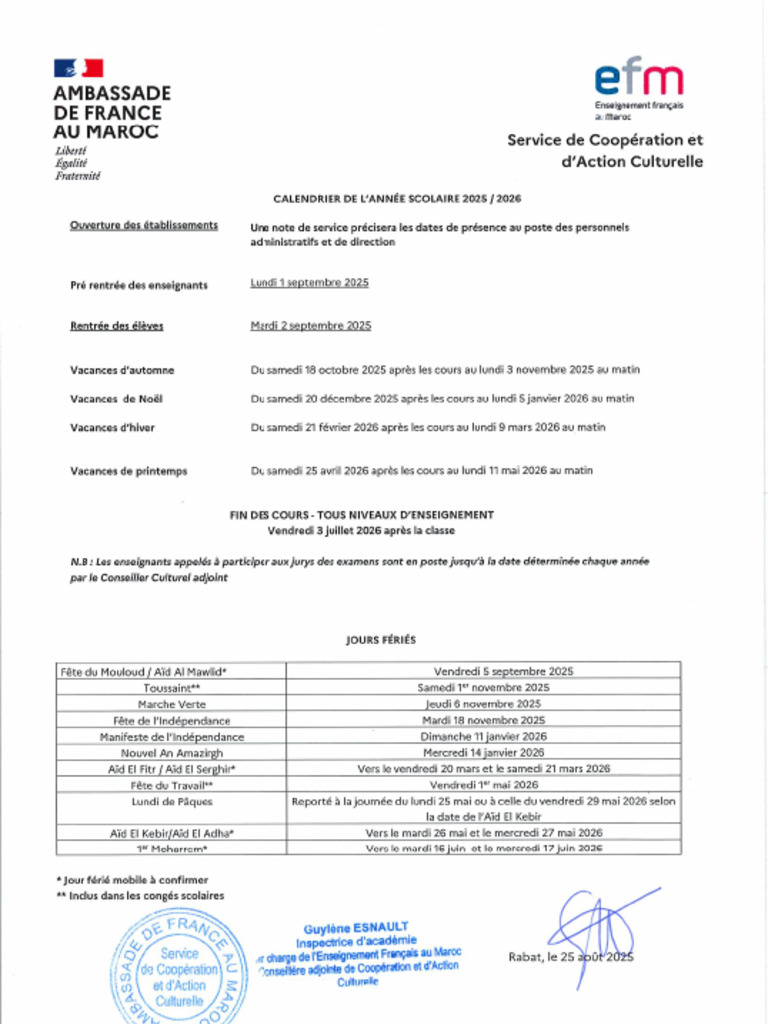 Calendrier Scolaire 2025-2026 | PDF