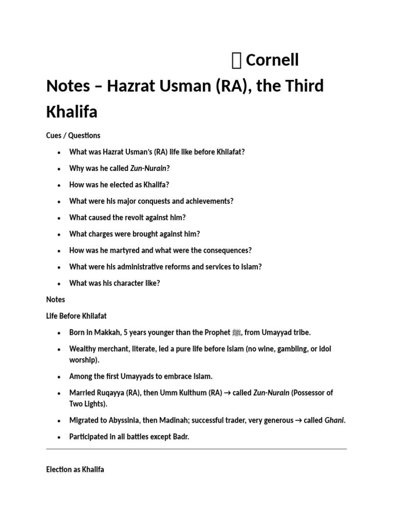 Hazrat Usman (RA): Life & Legacy | PDF | Caliphate | Quran