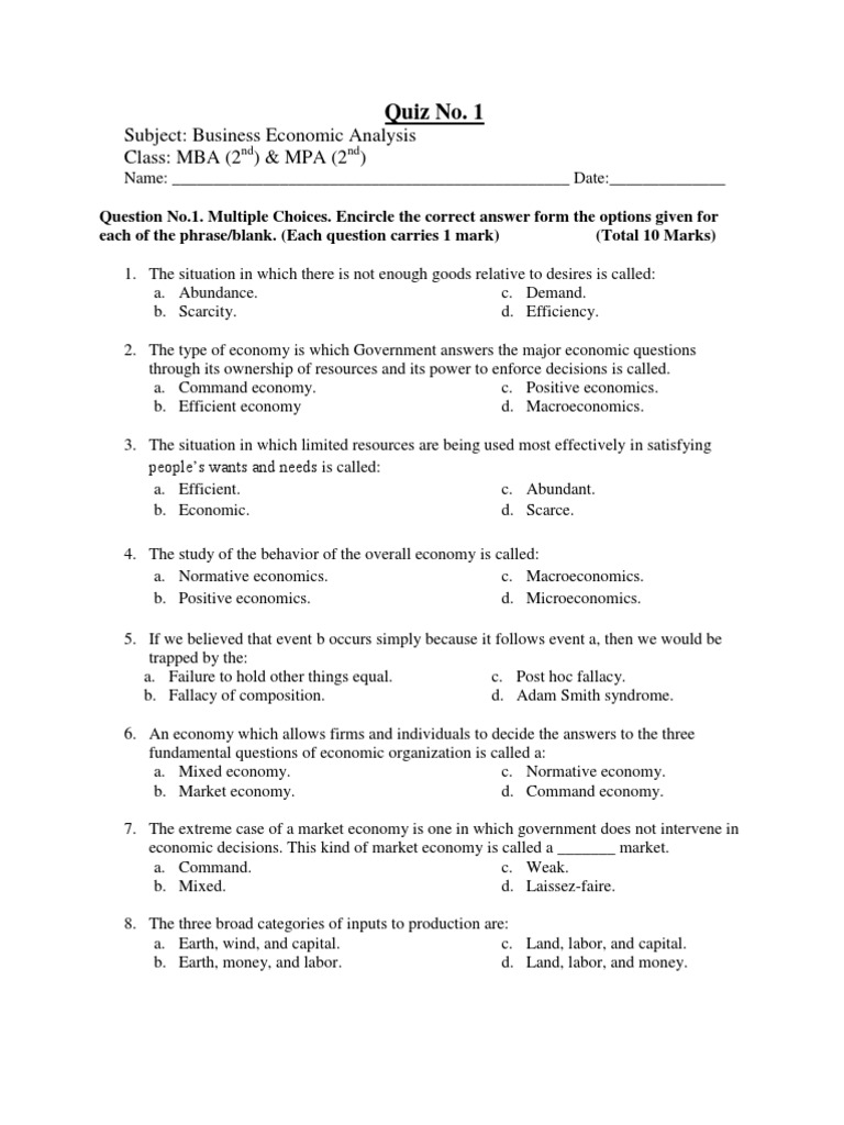 Multiple Choice Questions | PDF | Factors Of Production | Economics