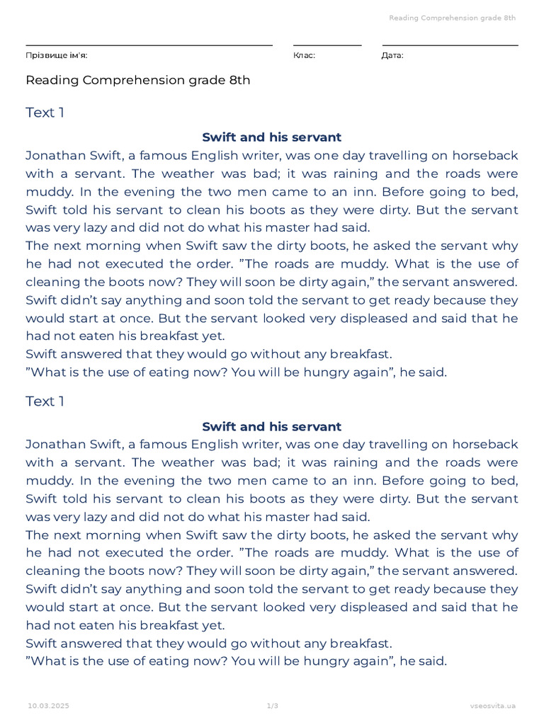 8th Grade Reading Comprehension: Swift | PDF