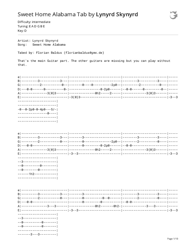 Sweet Home Alabama Guitar Tab | PDF | Songs Written | Irish Musical ...