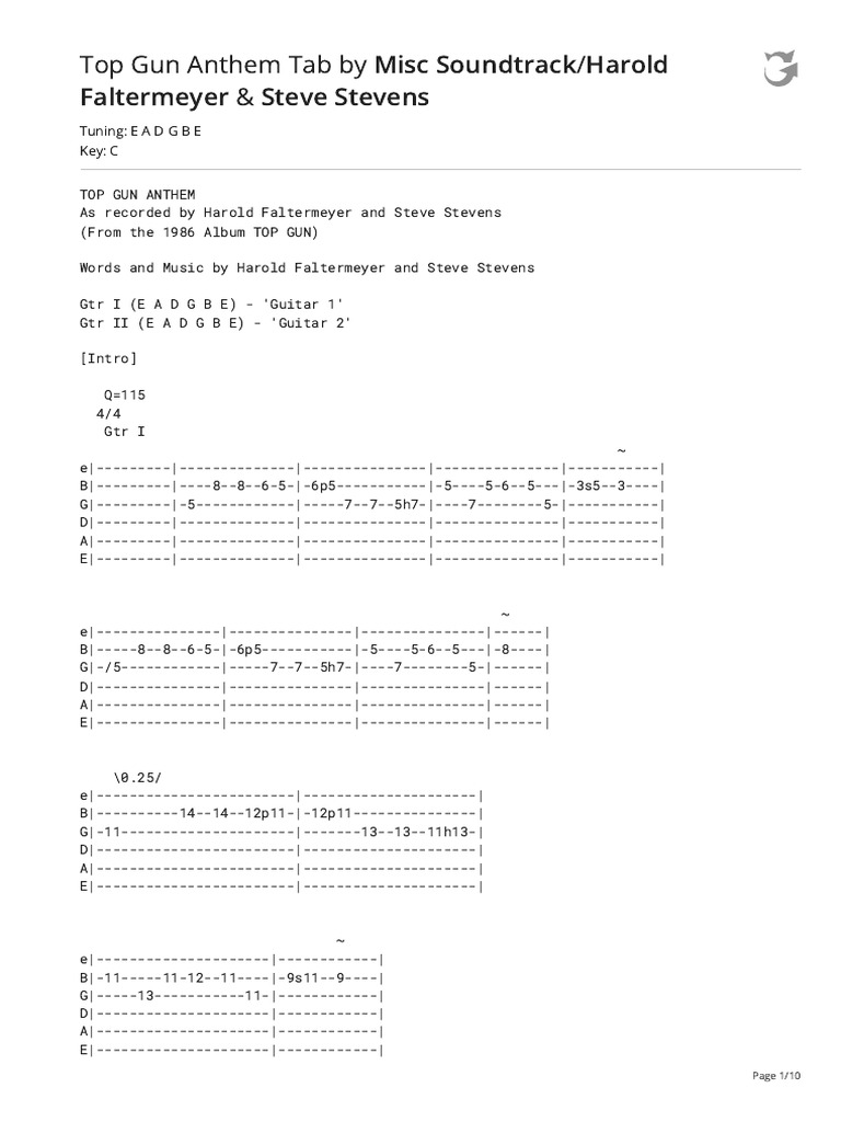 Top Gun Anthem Tab (Ver 5) by Misc Soundtracktabs at Ultimate Guitar ...
