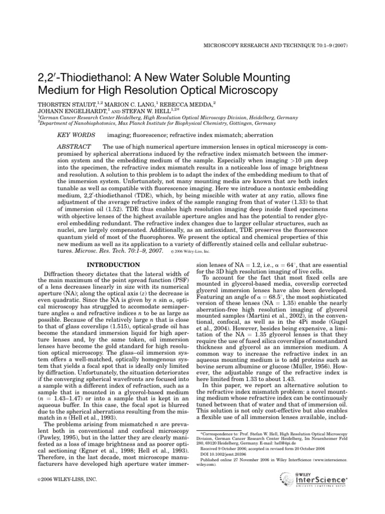 Microscopy Res Technique - 2006 - Staudt - 2 2 Thiodiethanol A New ...