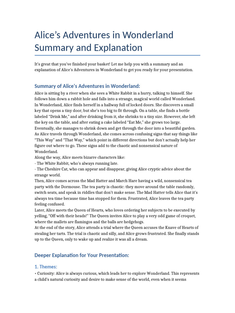 Alice's Adventures in Wonderland Summary | PDF | Alice's Adventures In ...