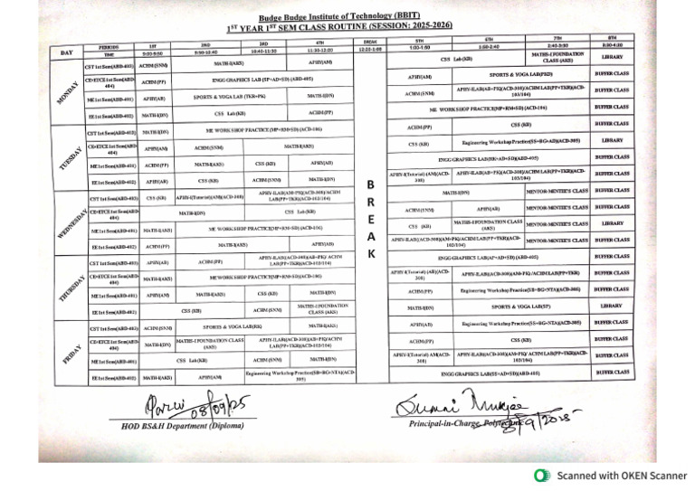 1st Year 1st Sem Class Routine - 2025-2026 | PDF