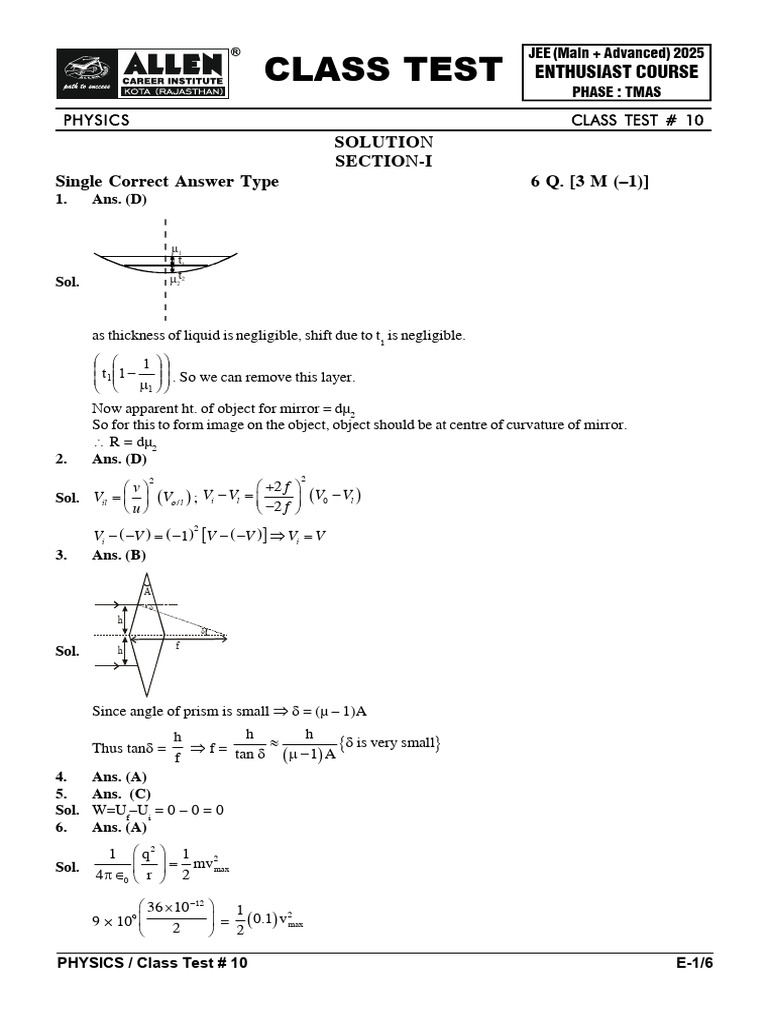 JEE 2025 Physics Class Test Solutions | PDF | Physical Sciences | Optics
