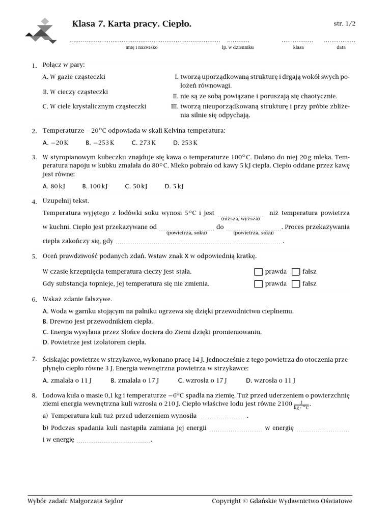 Fizyka Kl. 7 Karta Pracy. | PDF