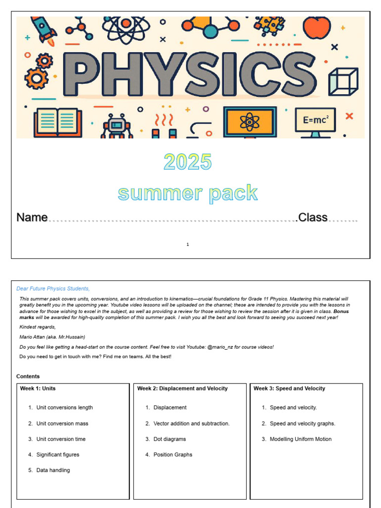 Grade 11 Physics Summer Pack Guide | PDF | Velocity | Kinematics