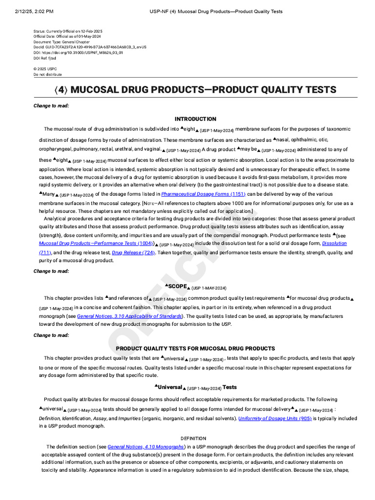 Mucosal Drug Products Quality Tests | PDF | Topical Medication | Assay