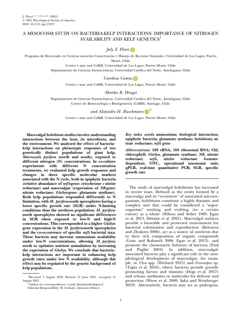 Florez Et Al. (A Mesocosm Study On Kelp Macrocystis Pyr) | PDF ...