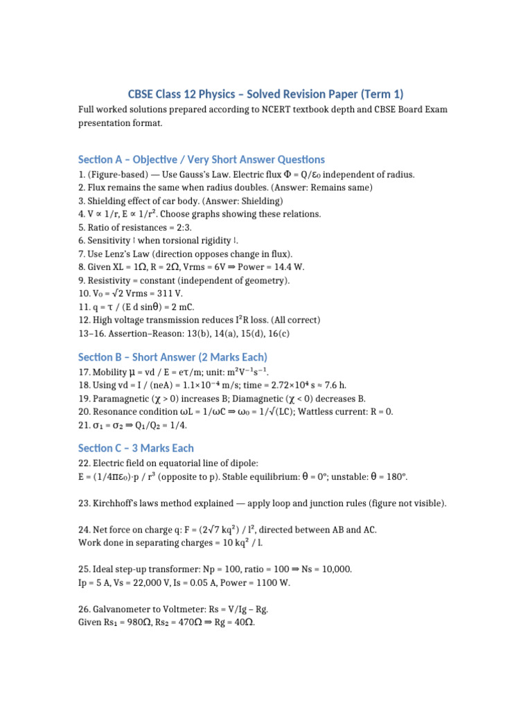 CBSE Class12 Physics Term1 Solved Paper | PDF | Electromagnetism